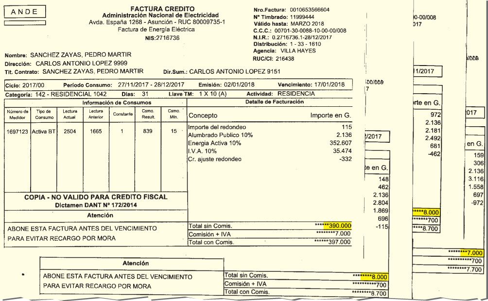 Un cliente de ANDE demostró que el “tarifazo” que recibió pasó el 5.000 ...